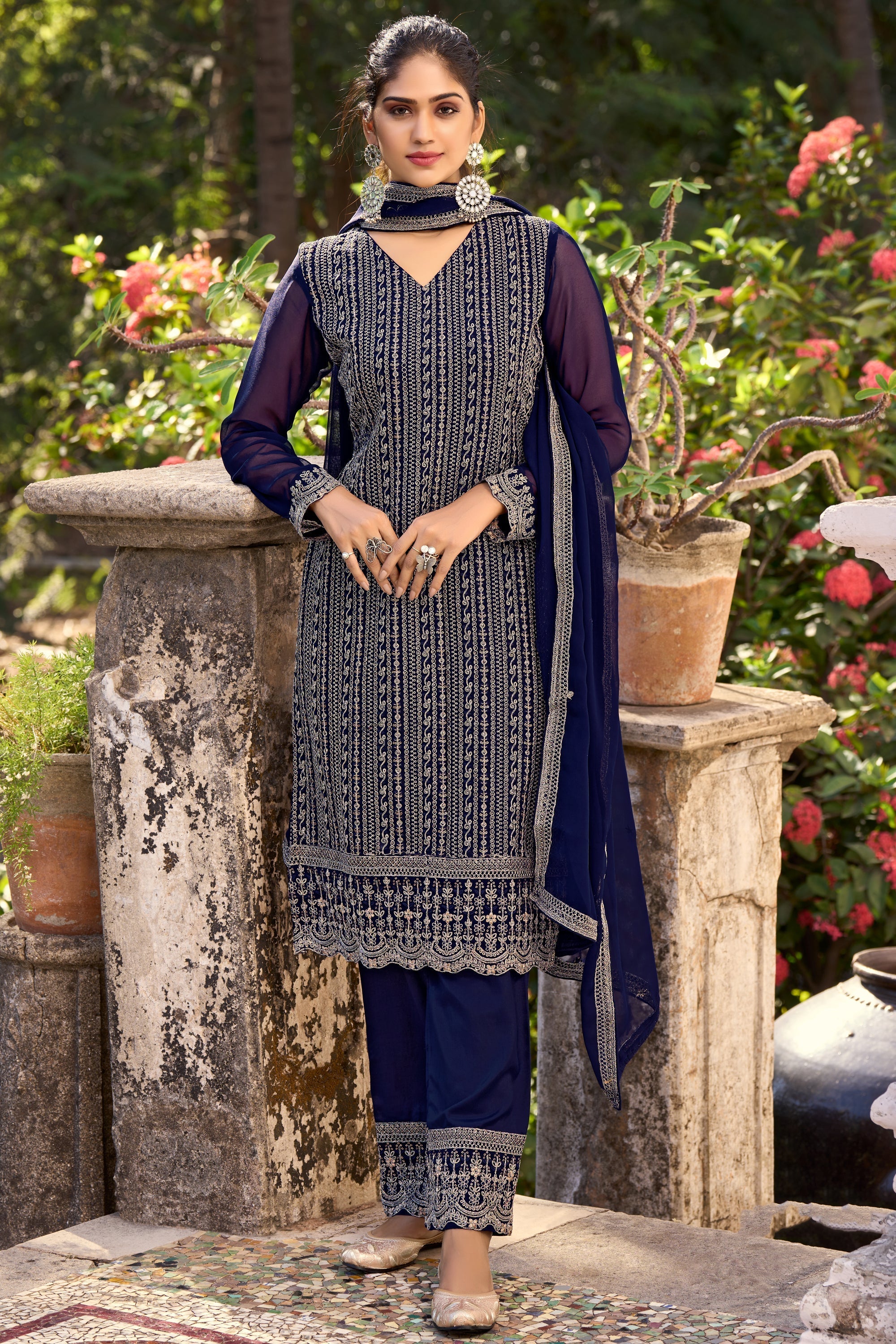 Art Silk Fabric Fancy Embroidered Function Wear Salwar Suit In Navy Bl ...